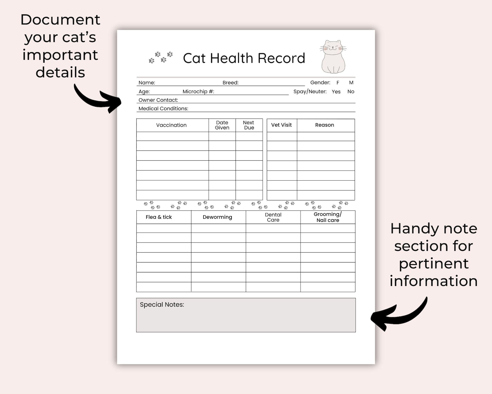 Cat Health Record Printable, Pet Health and Grooming Tracker, Editable ...