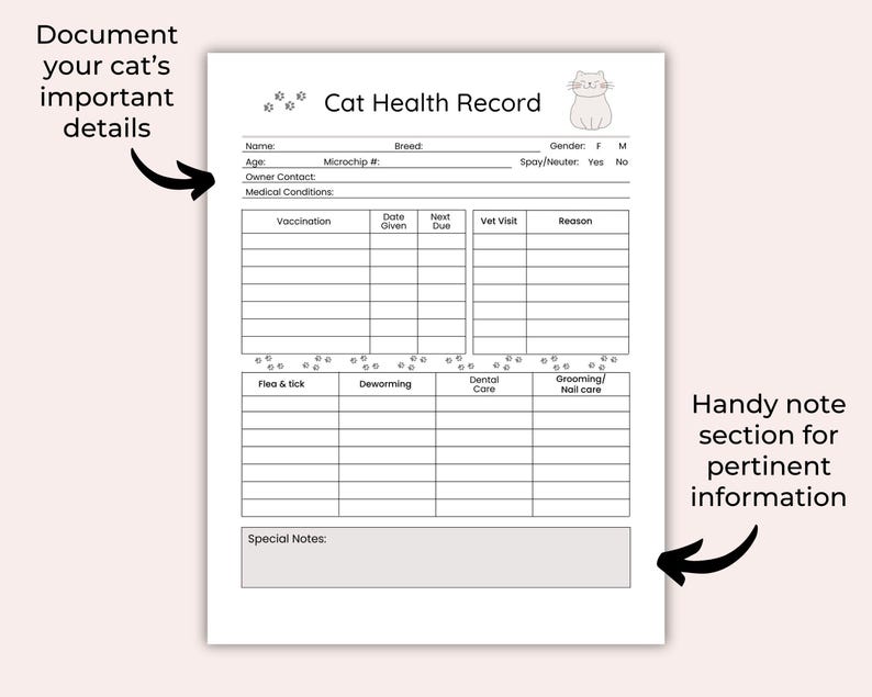 Cat Health Record Printable, Pet Health and Grooming Tracker, Editable ...