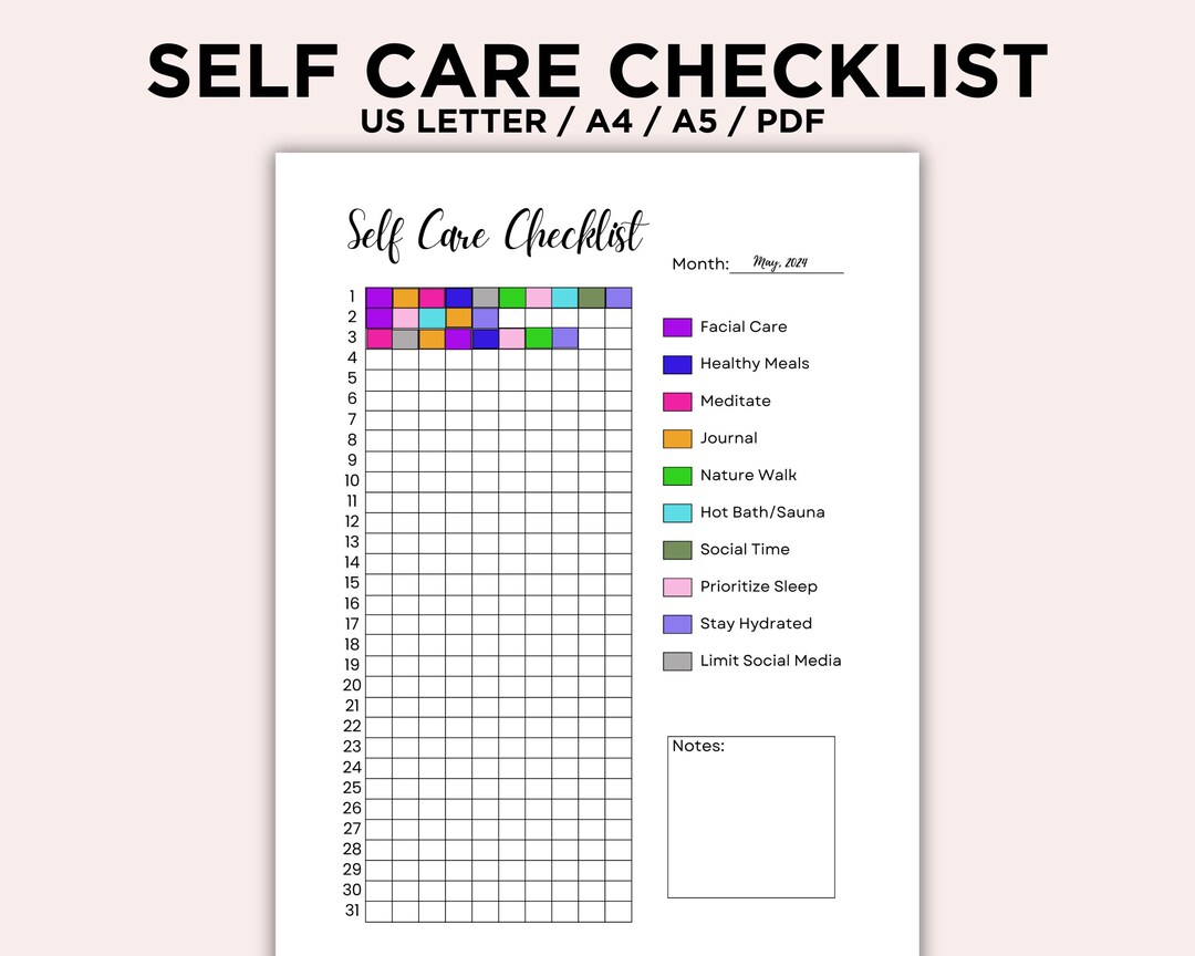 Self Care Checklist Printable, Journal Page, Monthly Self Care Log ...
