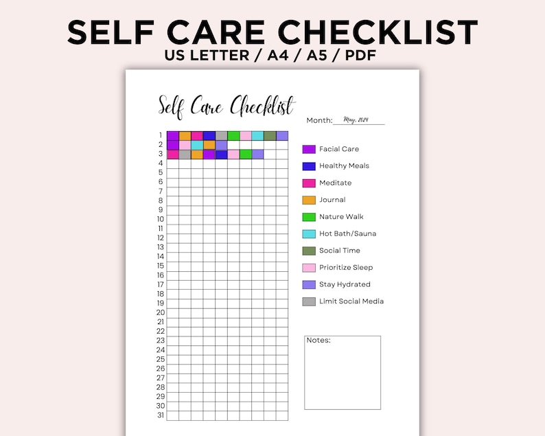 Self Care Checklist Printable, Journal Page, Monthly Self Care Log ...