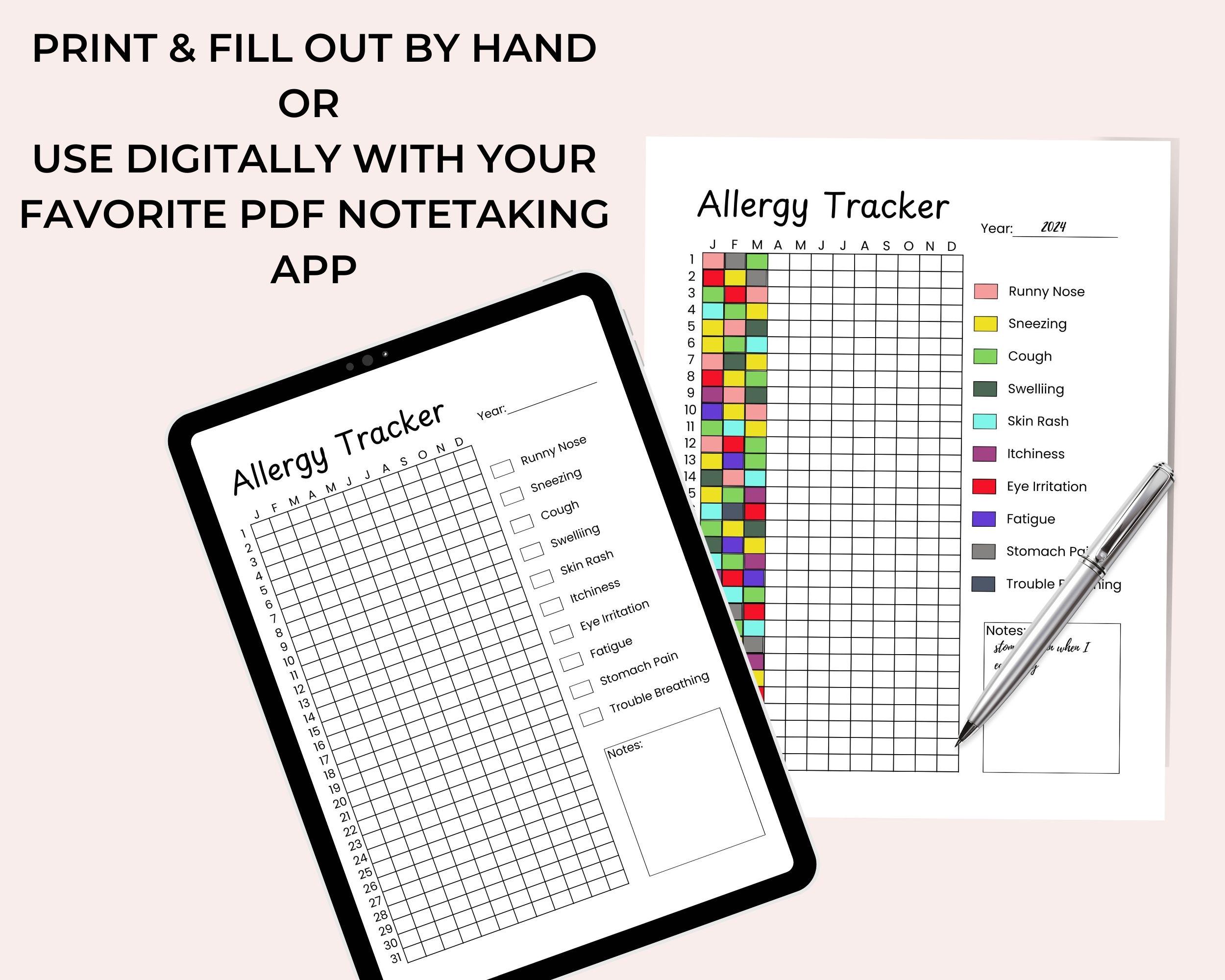 Yearly Allergy Tracker Printable - Journal Page - Allergies Log - Track ...