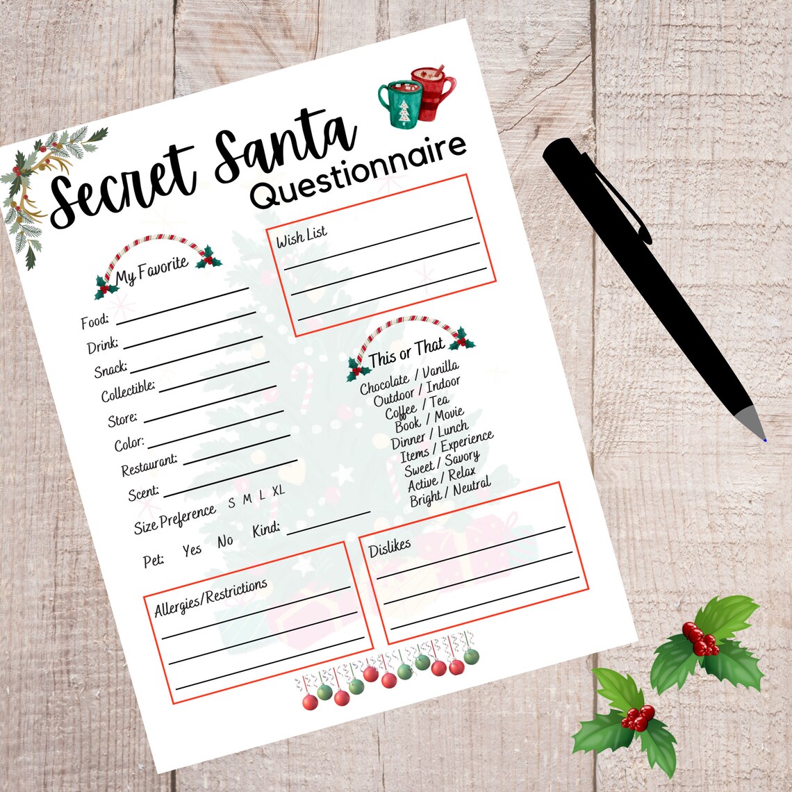 Secret Santa Questionnaire Printable, Christmas Gift Exchange, Gift ...