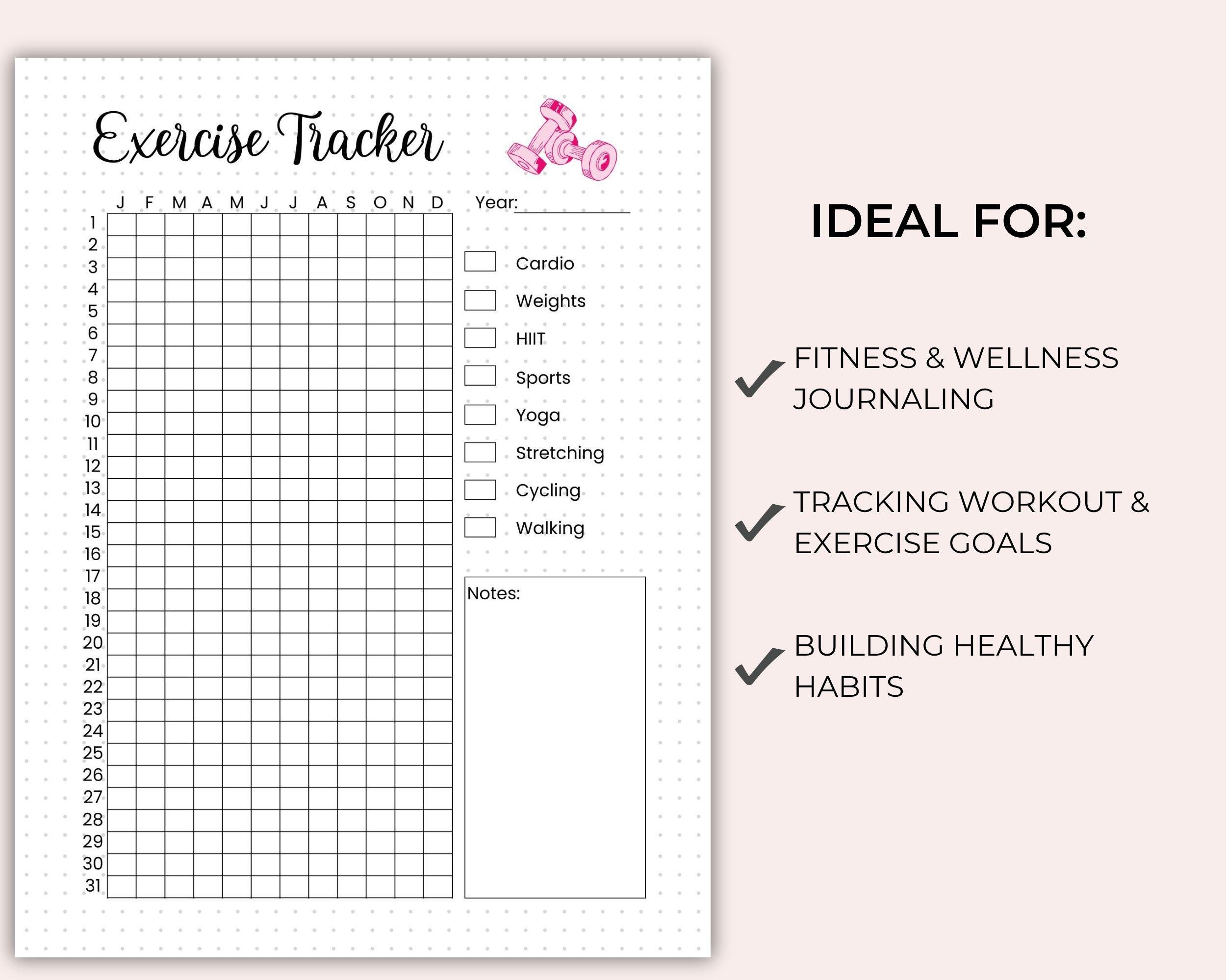 Yearly Exercise Tracker, Printable Journal Page, Fitness Goal Planner ...