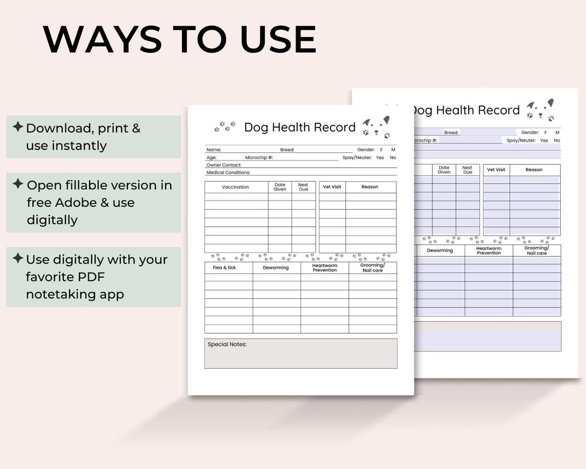 Dog Health Record Printable, Pet Health and Grooming Tracker, Editable ...