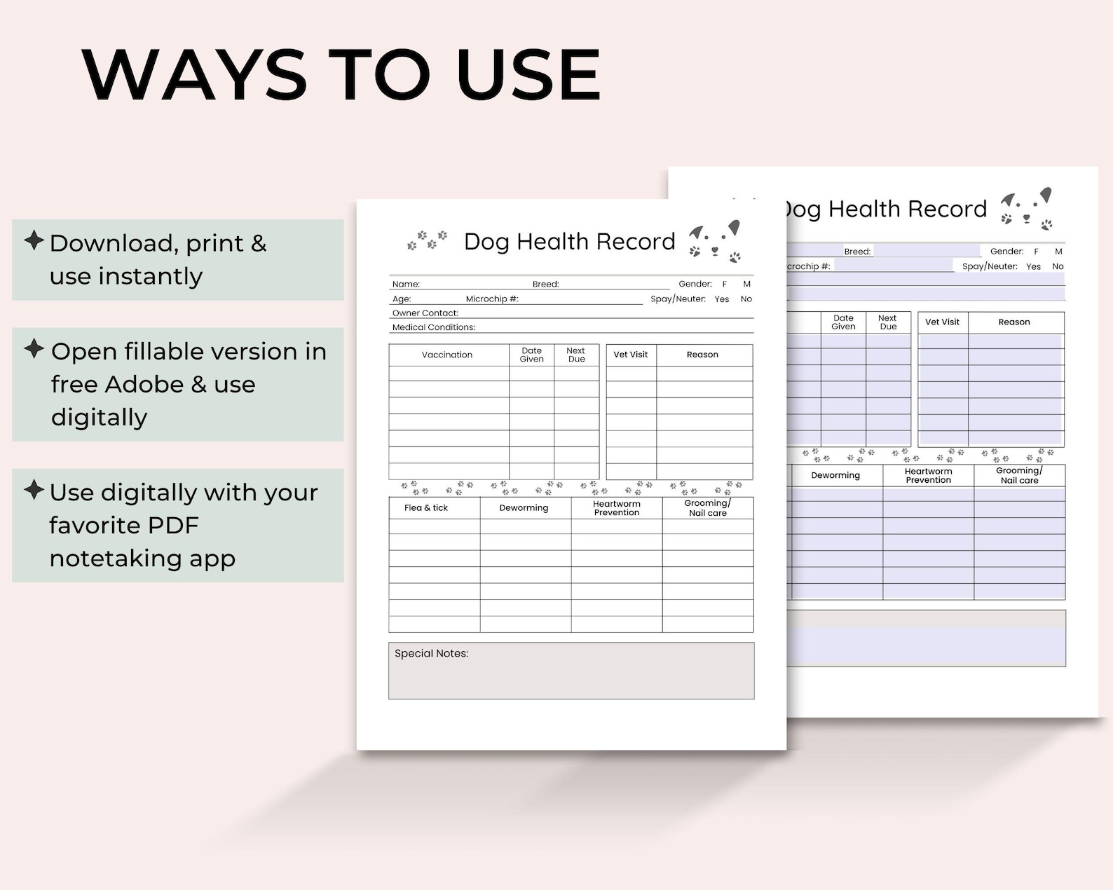 Dog Health Record Printable, Pet Health and Grooming Tracker, Editable ...