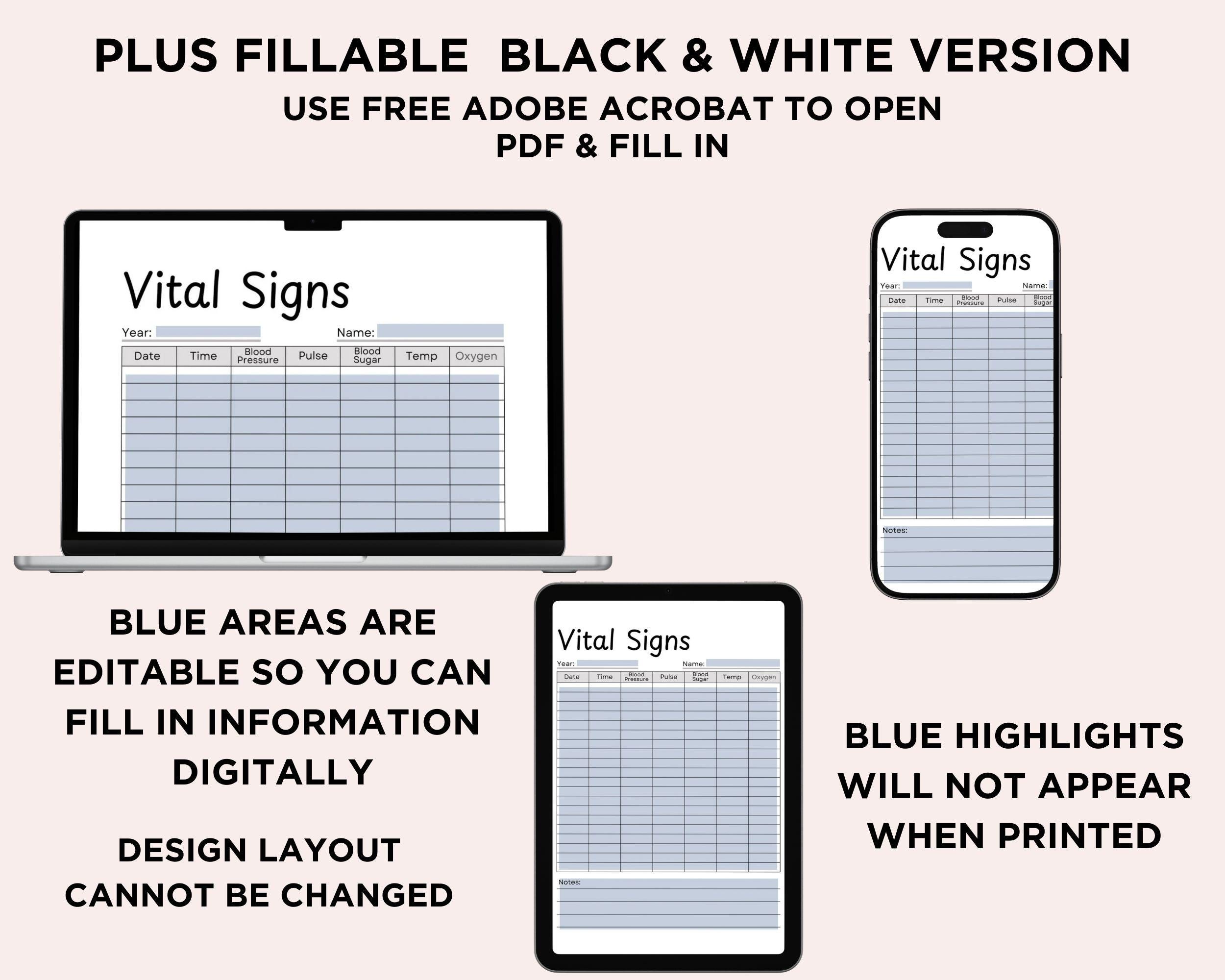 Editable & Printable Vital Signs Chart, Vital Signs Log, Nursing ...