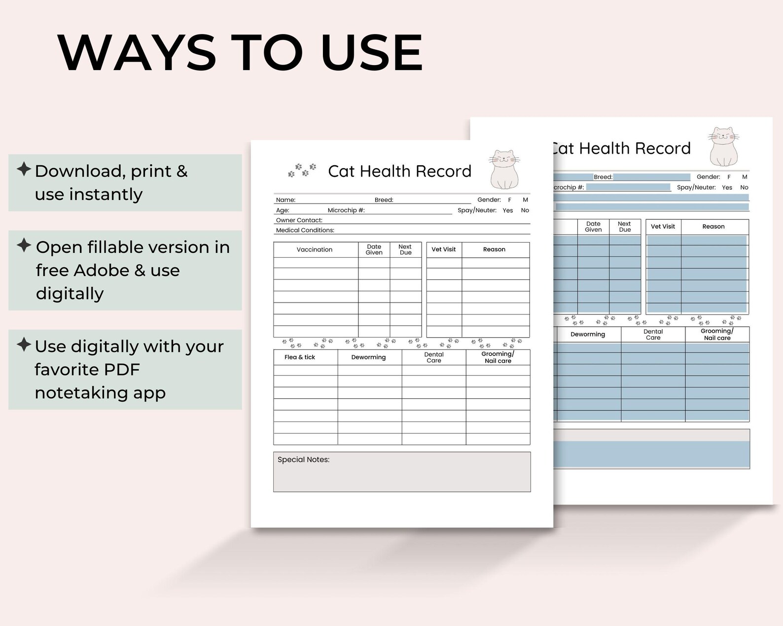 Cat Health Record Printable, Pet Health and Grooming Tracker, Editable ...