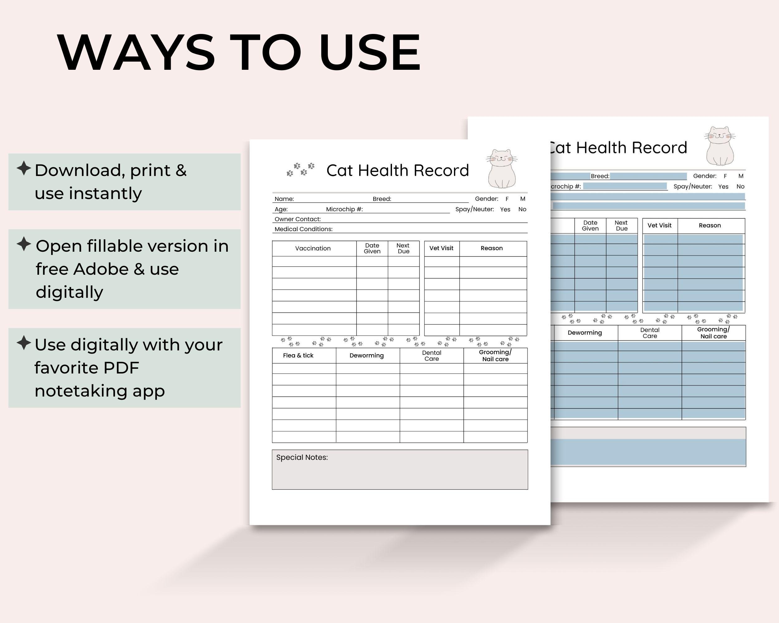 Cat Health Record Printable, Pet Health and Grooming Tracker, Editable ...