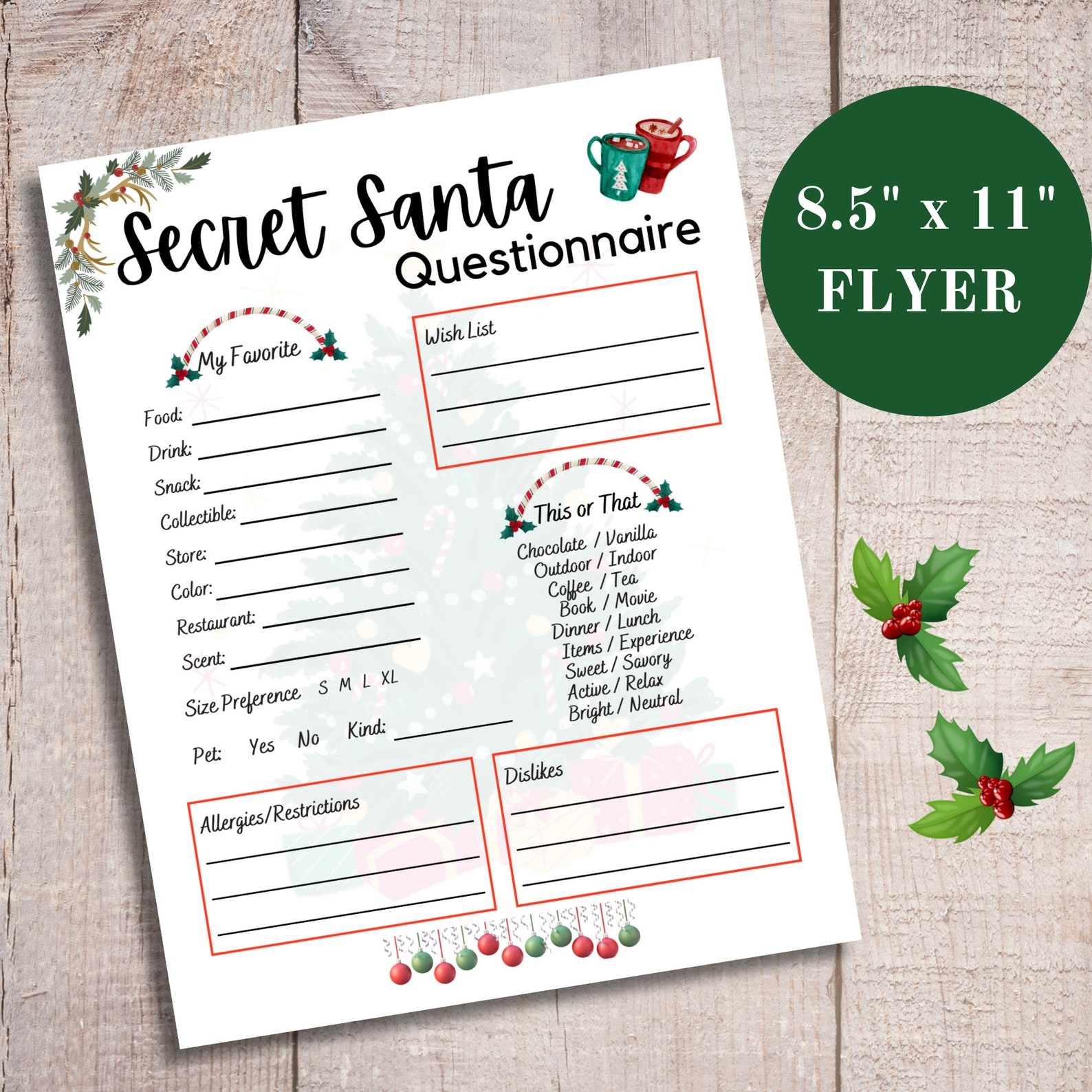Secret Santa Questionnaire Printable, Christmas Gift Exchange, Gift ...