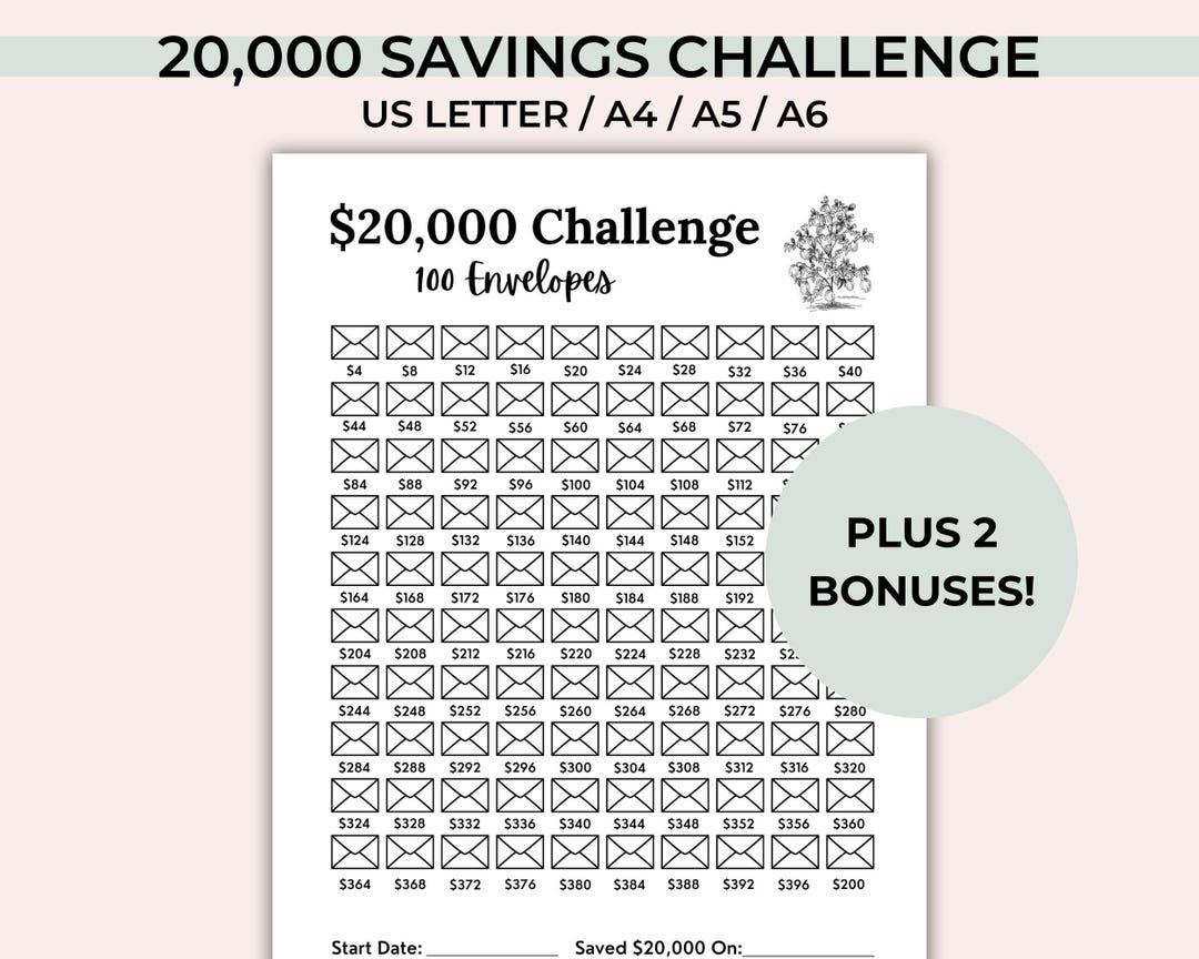 20000 Envelope Savings Challenge Printable, 100 Envelope Savings ...