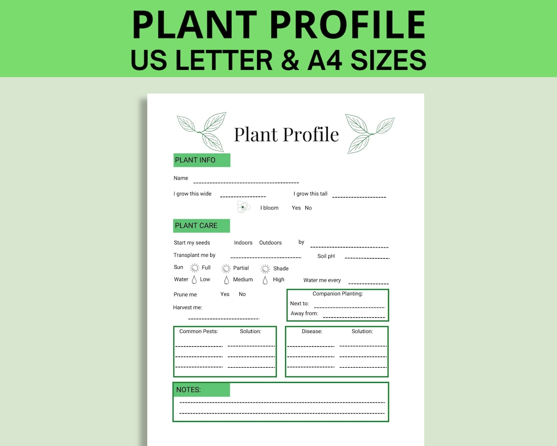 Plant Profile Sheet Printable, Plant Instruction Tracker, Plant Care ...