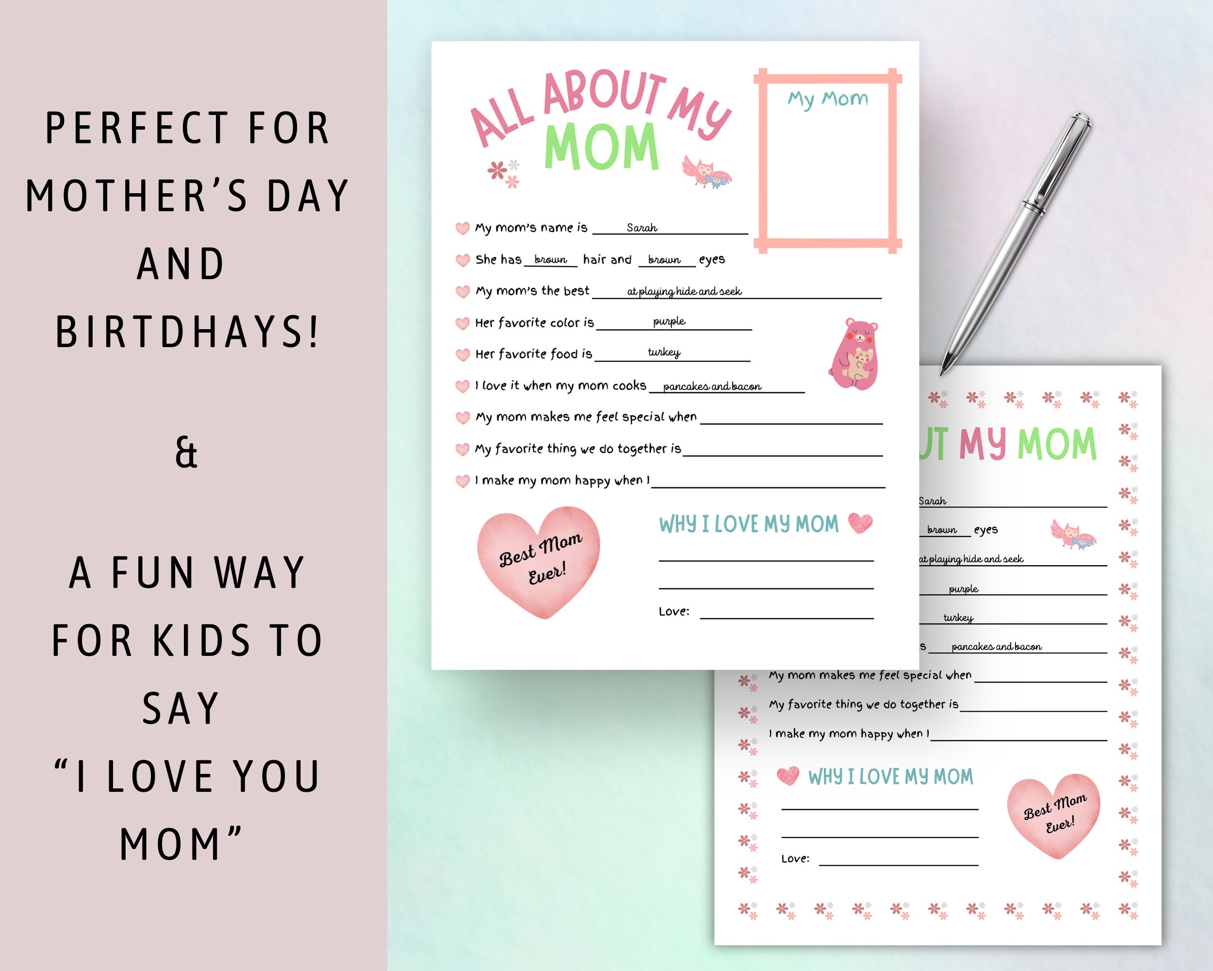 All About My Mom Printable, Mothers Day Gift, Mom Mum Mommy ...