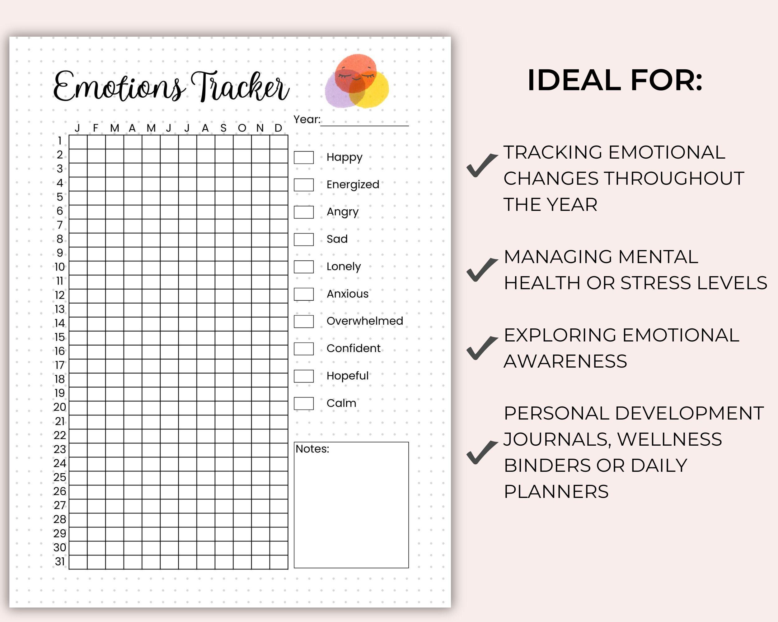 Yearly Emotions Tracker, Printable Journal Page, Mental Wellness Mood ...
