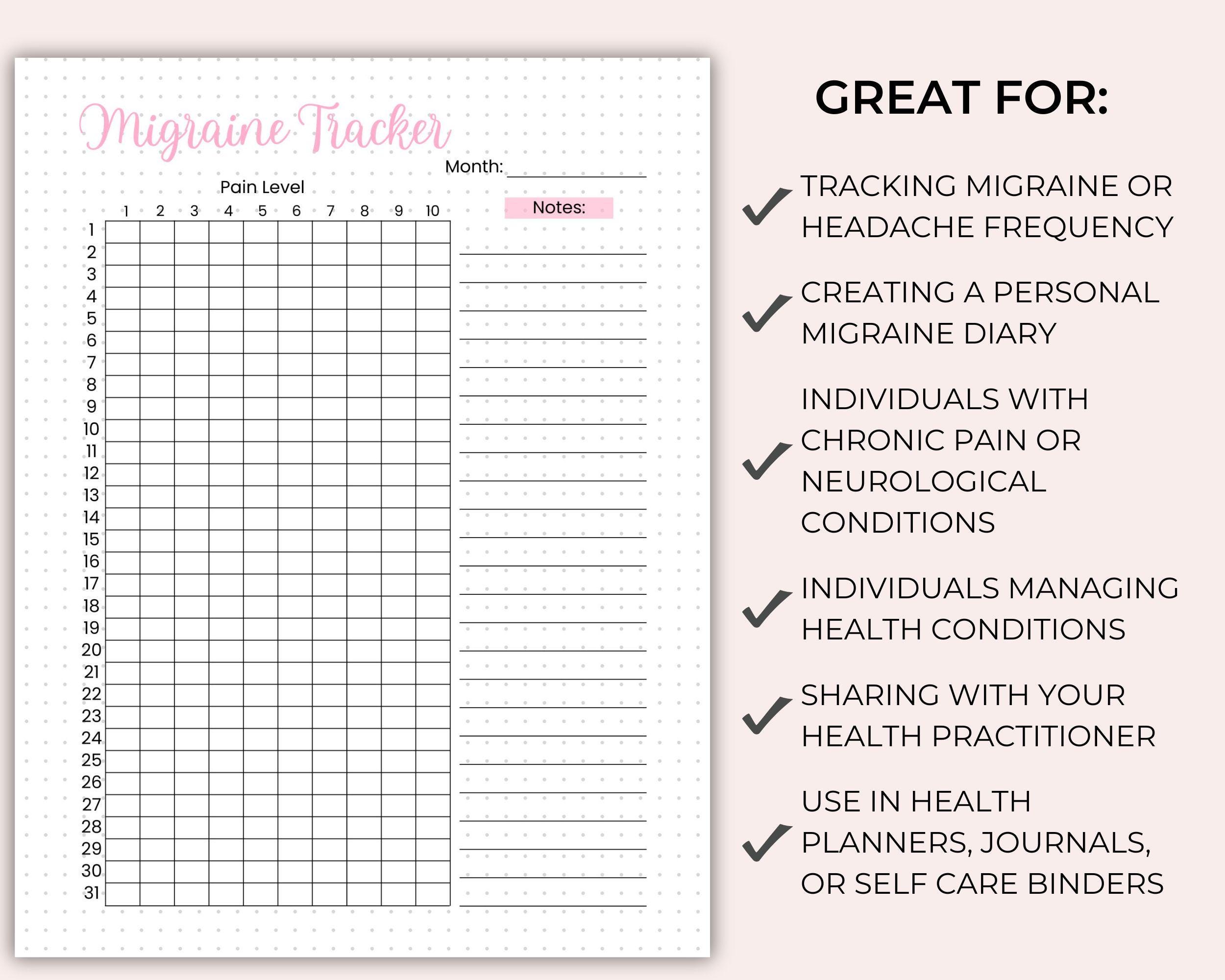 Monthly Migraine Tracker Printable - Journal Page - Headache Log - Pain ...