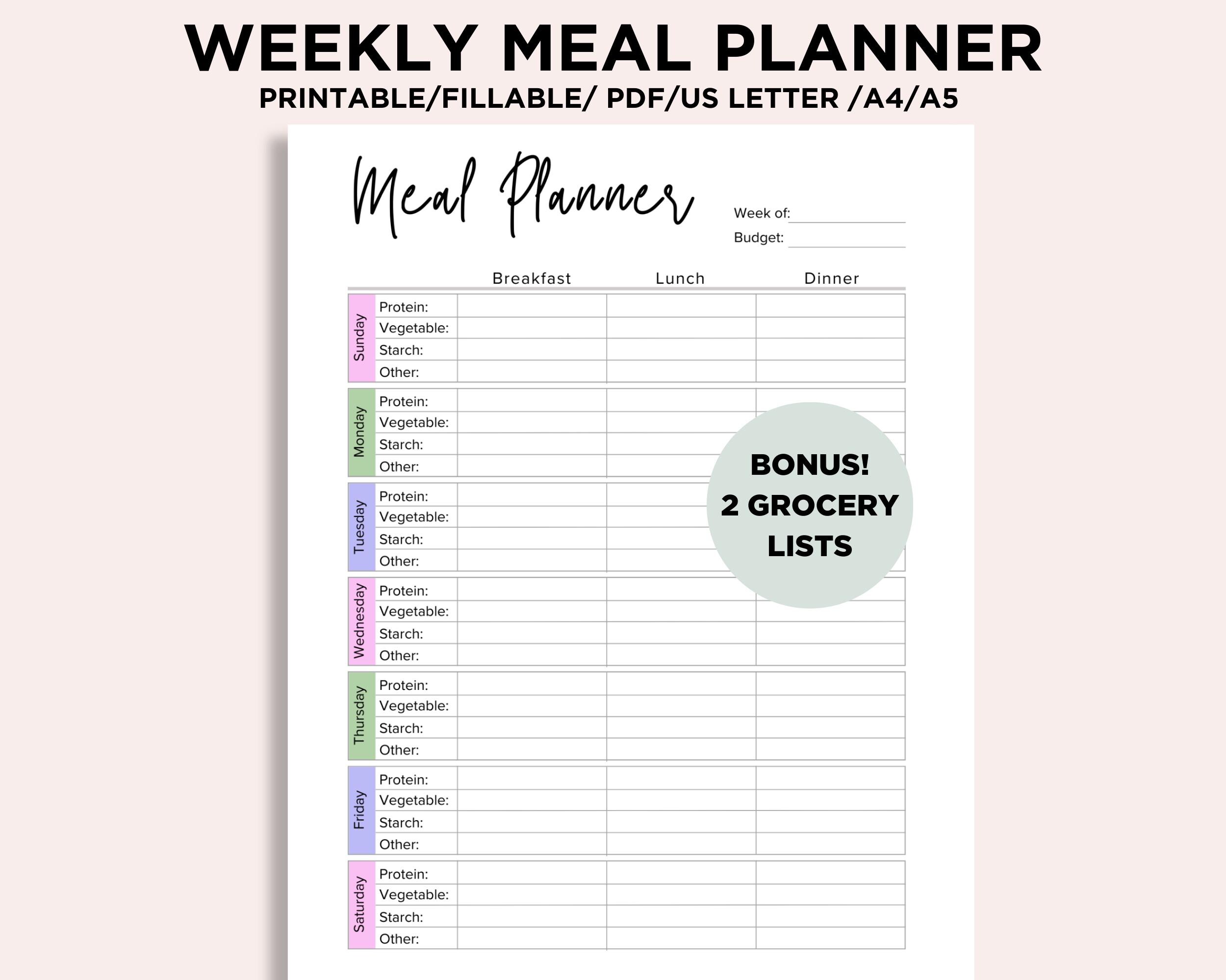 Editable Meal Planner and Grocery List, Weekly Meal Tracker Printable ...