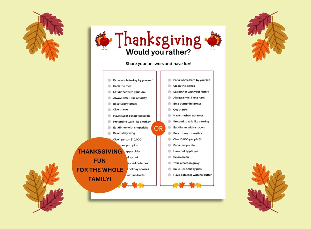 Thanksgiving Would You Rather Game, Printable This or That Game ...