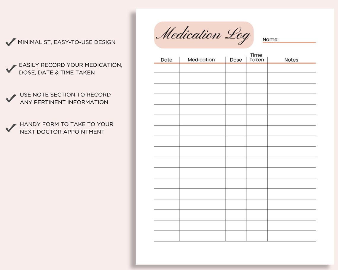 Printable Medication Log, Pill Tracker, Med List, Track Medication ...