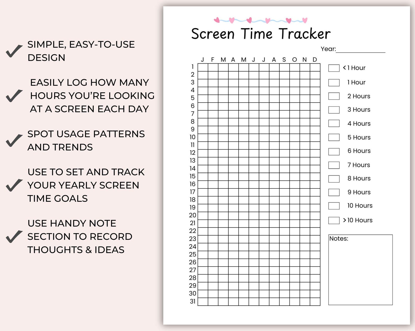 Yearly Screen Time Tracker - Printable Journal Page - Daily Screen Time ...