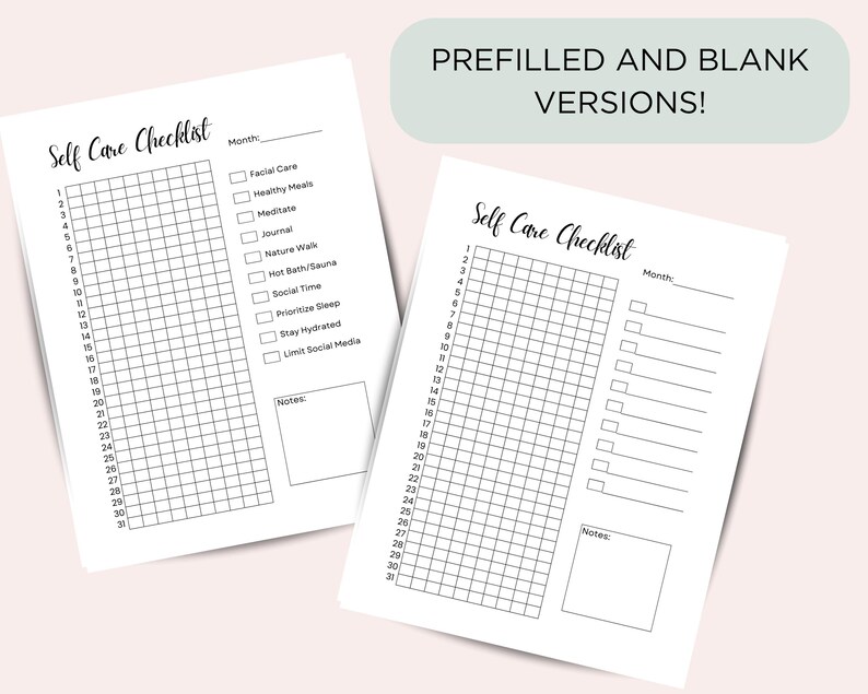 Self Care Checklist Printable, Journal Page, Monthly Self Care Log ...