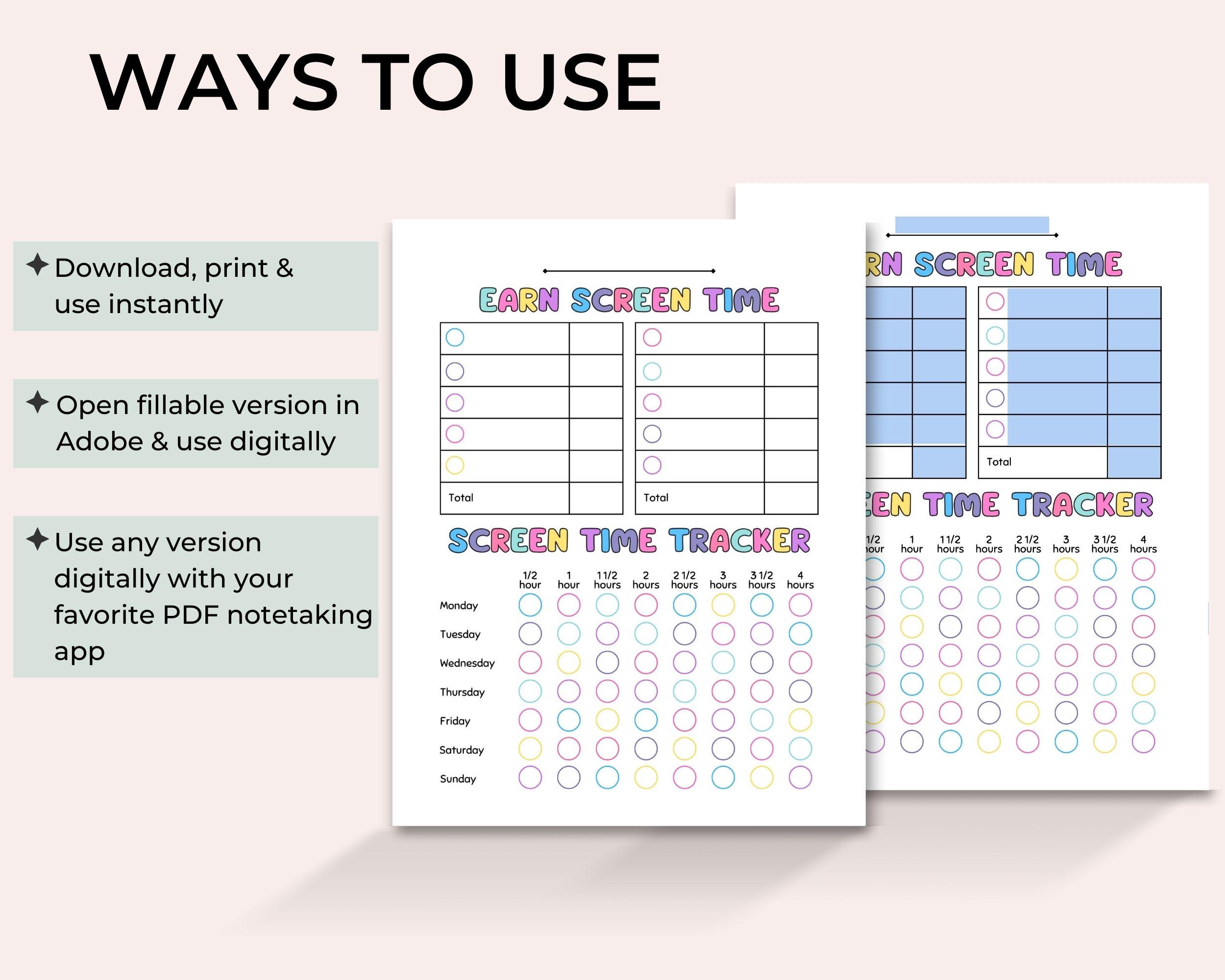 Editable Kids Screen Time Tracker and Chore List - Printable Earn ...