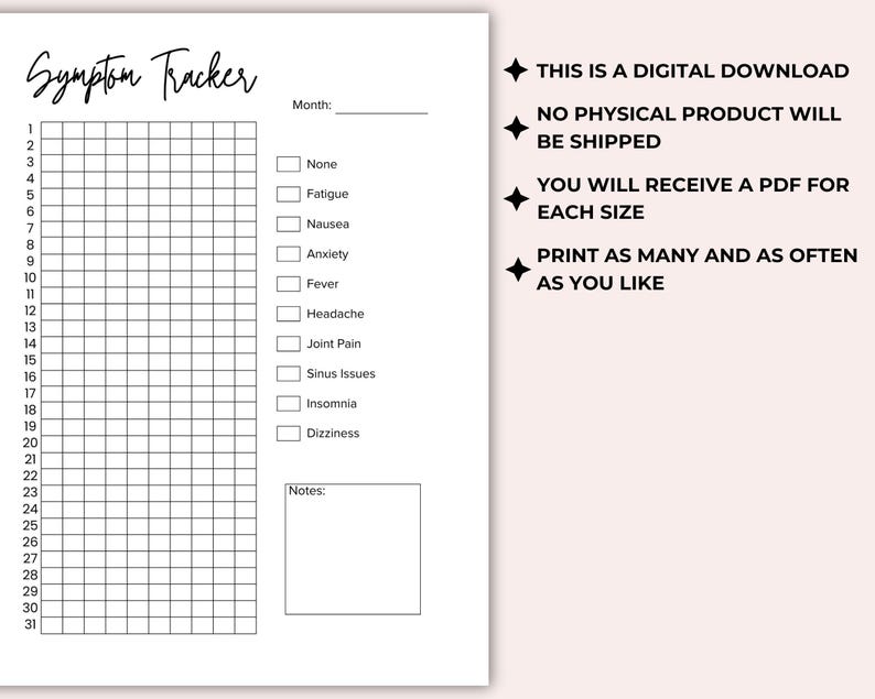 Monthly Symptom Tracker Printable - Journal Page - Symptom Log - Daily ...