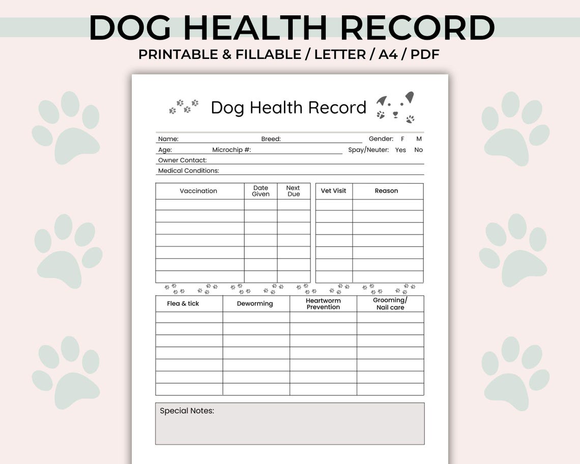 Dog Health Record Printable, Pet Health and Grooming Tracker, Editable ...