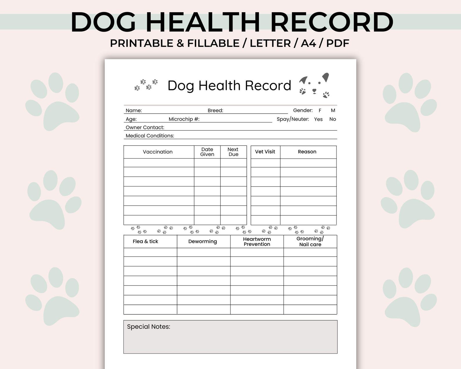 Dog Health Record Printable, Pet Health and Grooming Tracker, Editable ...