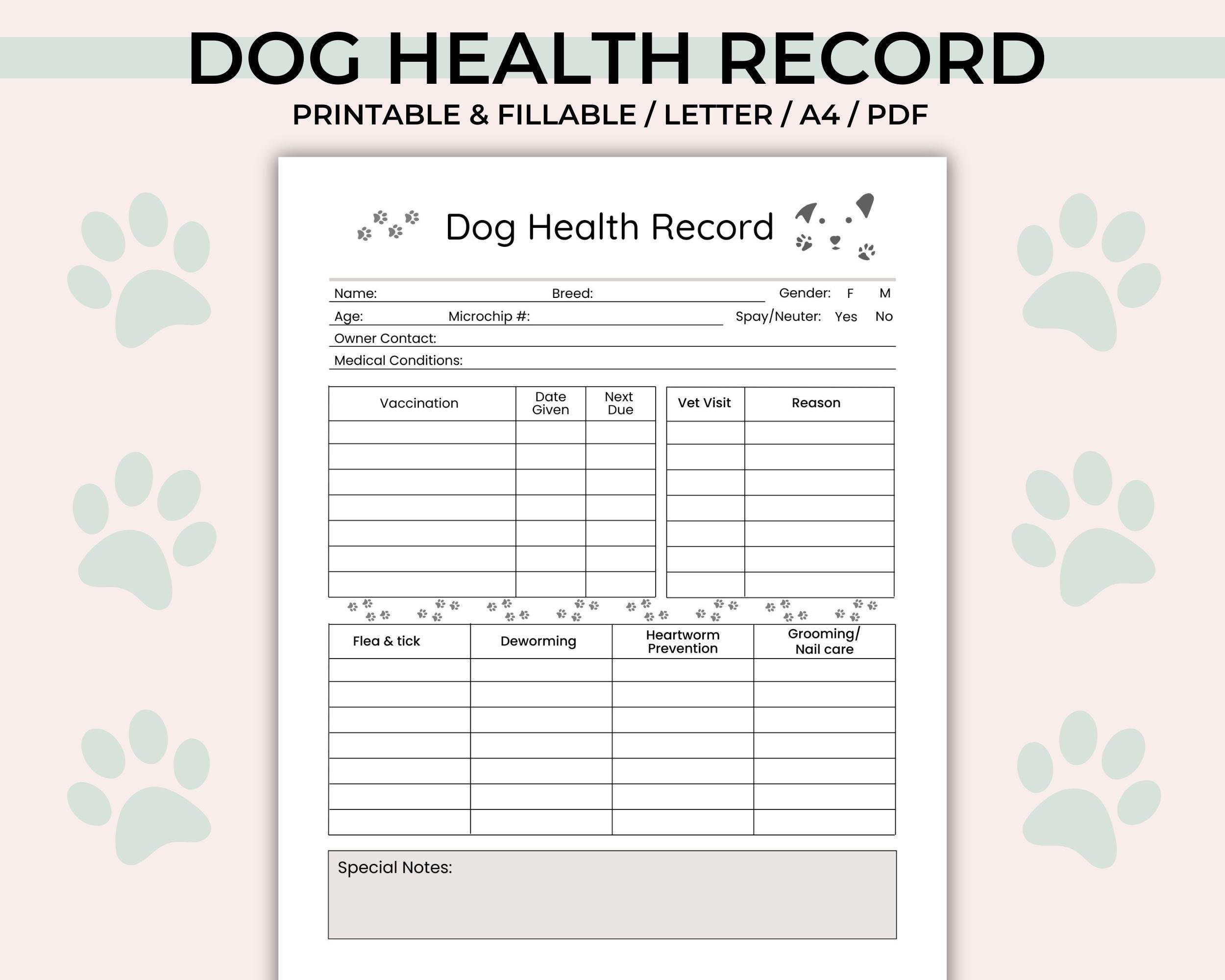 Dog Health Record Printable, Pet Health and Grooming Tracker, Editable ...