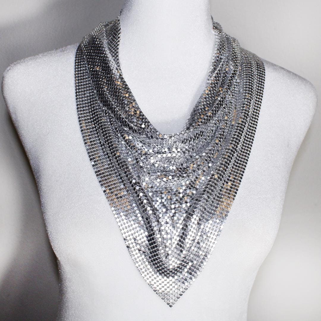 Silver Mesh Bib Necklace With Snap Button Closure / Metal Mesh Bib ...