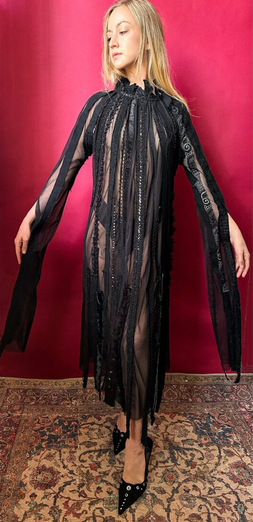 Sheer Long Tunic Dress / Patchwork Dress / Elongated Sleeves /sheer ...