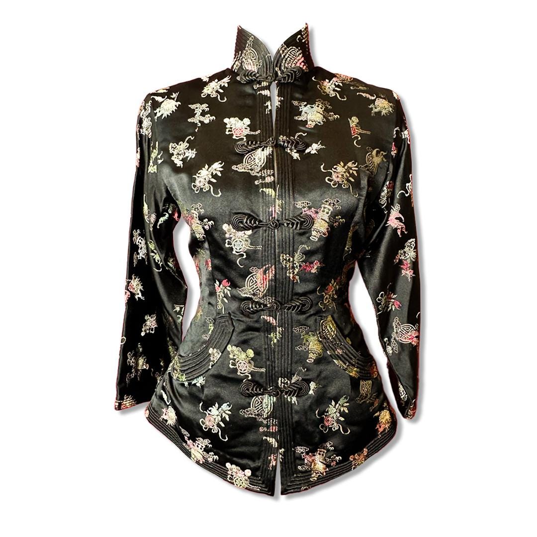 Vintage Embroidered Asian Silk Jacket: Mandarin Collar Brocade Blouse ...
