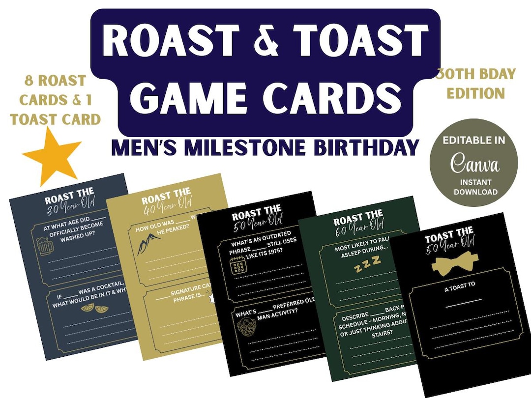 Editable Roast & Toast Game Cards for Men’s Milestone Birthday – 30th ...