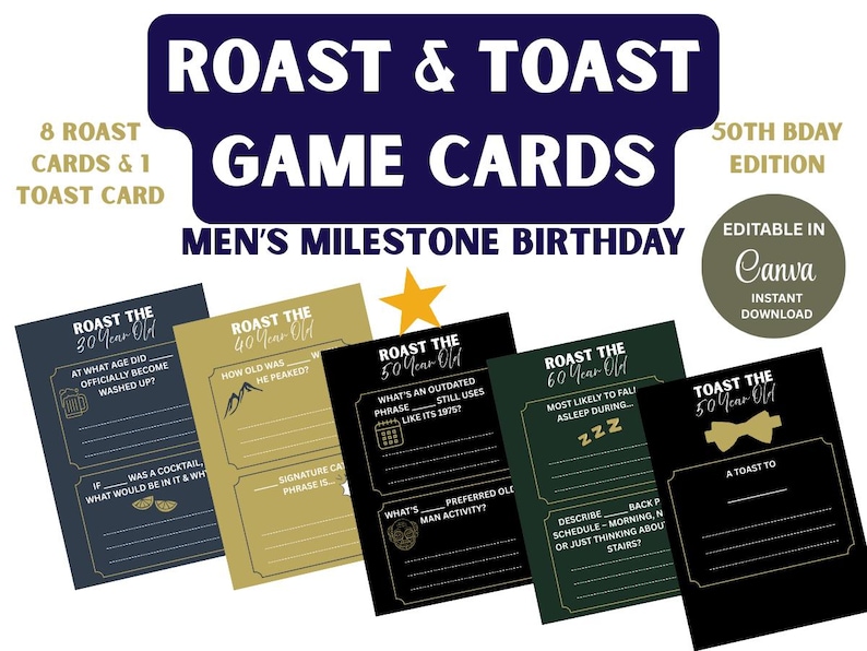 Editable Roast & Toast Game Cards for Men’s Milestone Birthday – 50th ...