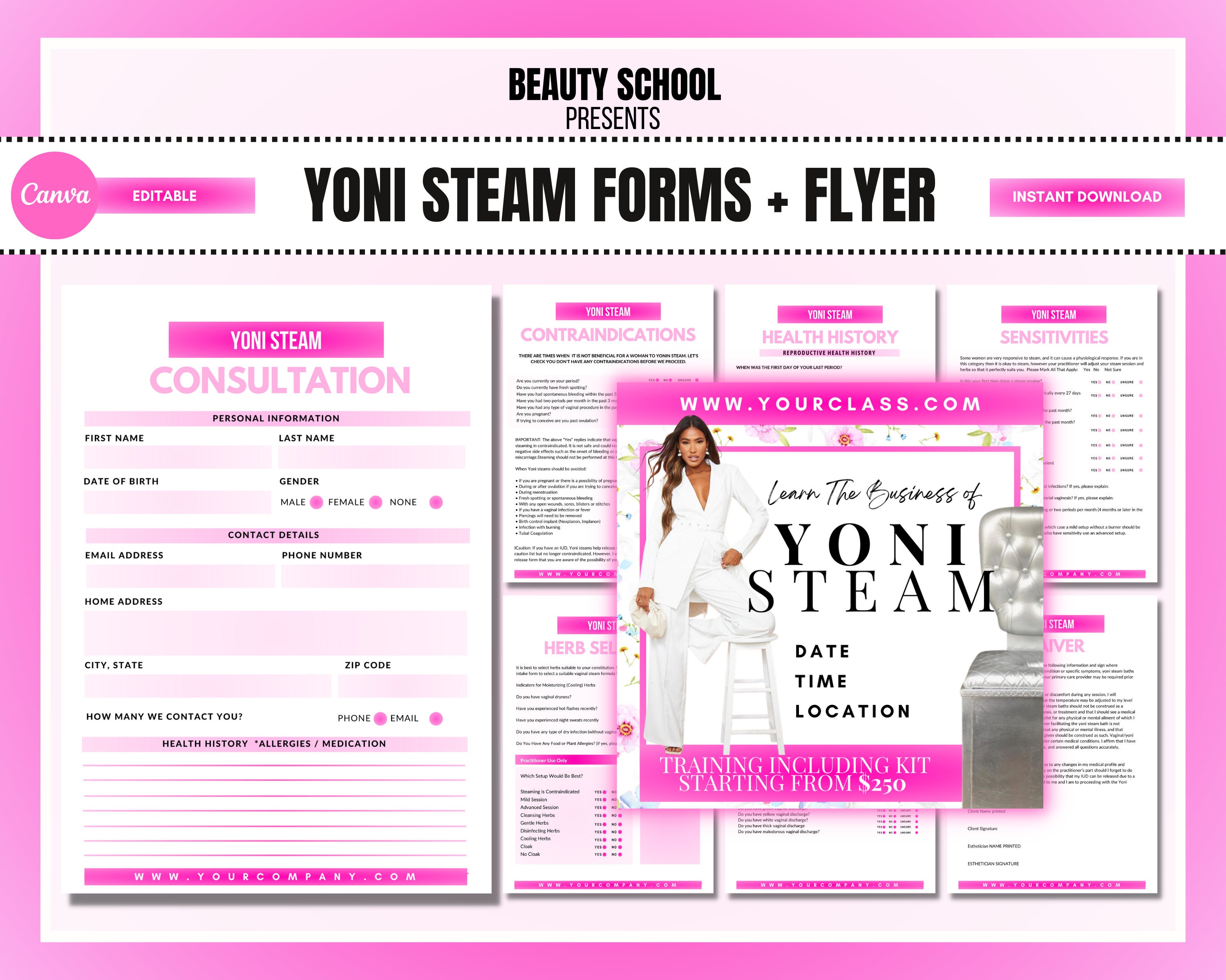 Yoni Steam Forms and Flyer, Editable Esthetician Printables (canva) - Etsy
