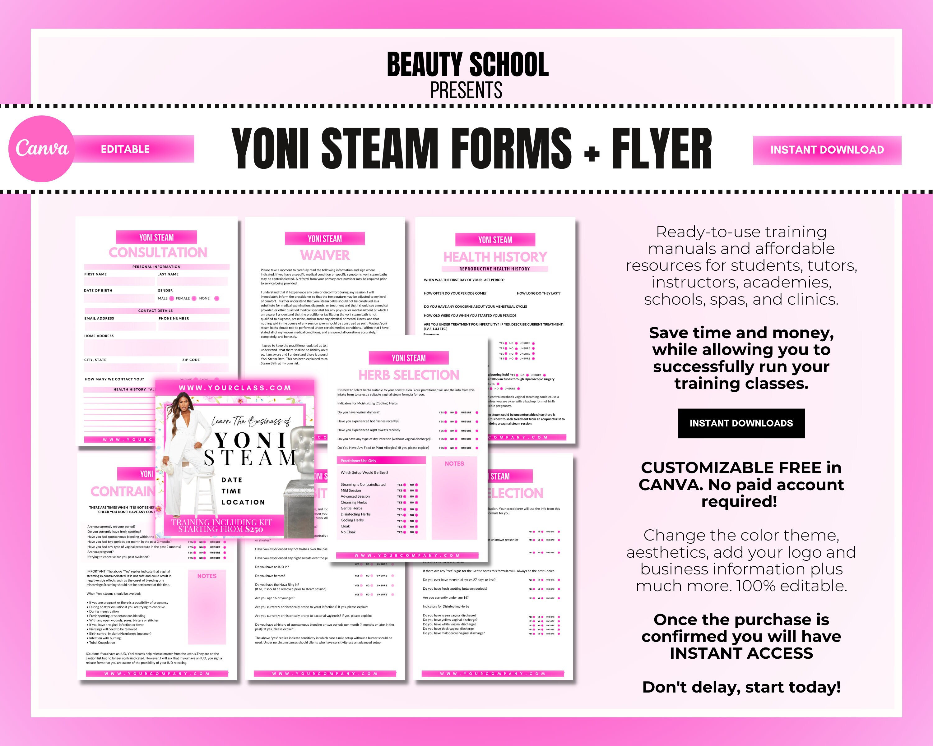 Yoni Steam Forms and Flyer, Editable Esthetician Printables (canva) - Etsy