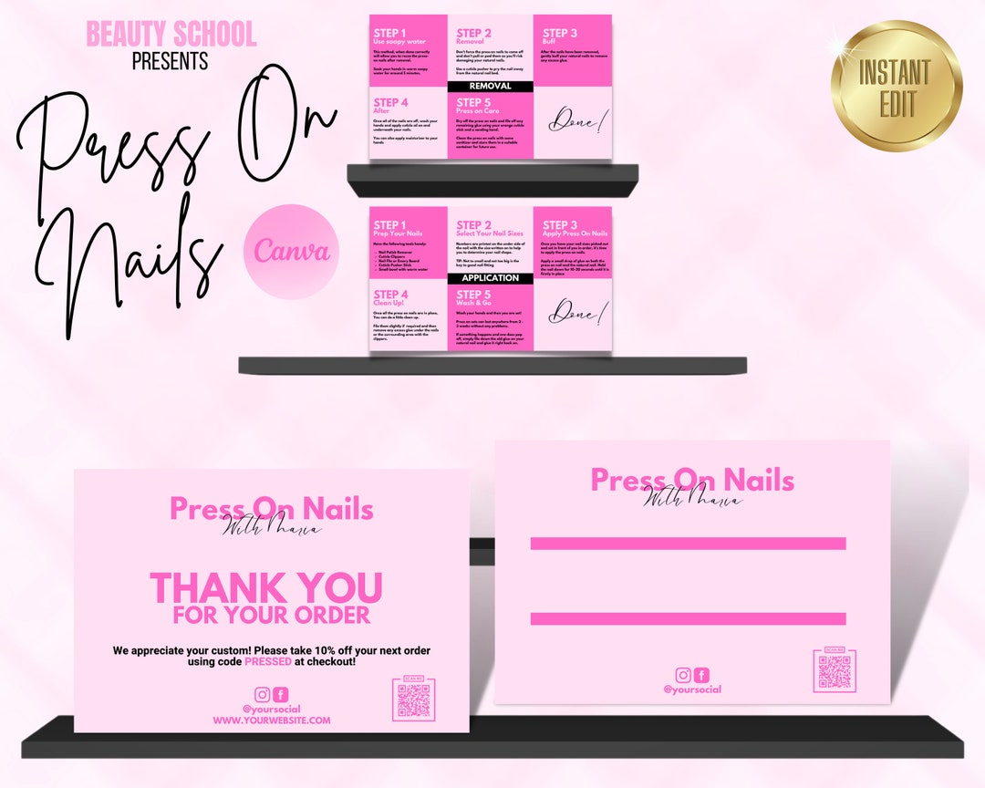 Press on Nails Product Card & Instructions Card Templates, Mini Bundle ...