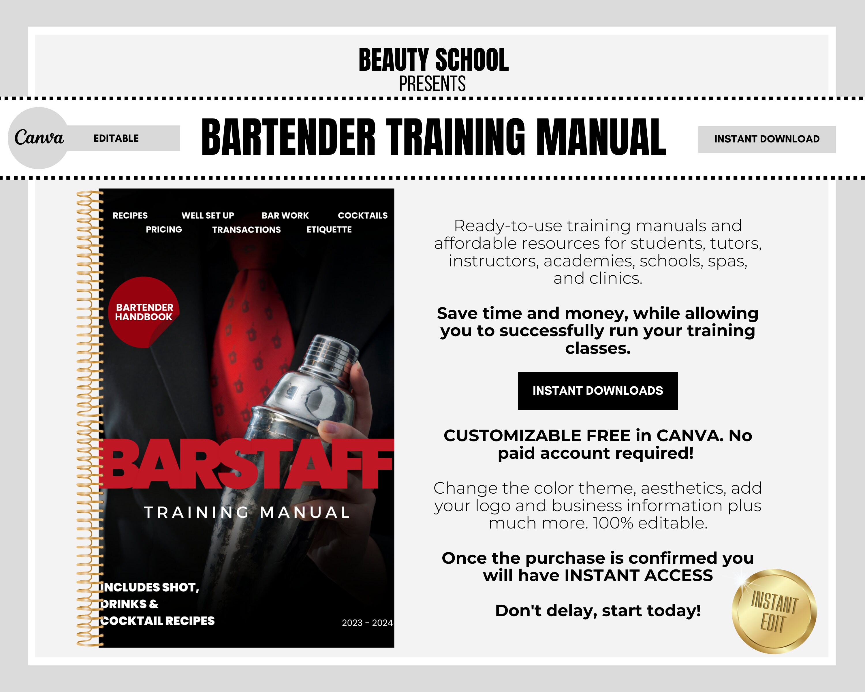 Bartender Training Manual, Bar Staff, Standard Operating Procedures for Employees, Employee ...