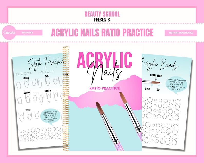 Acrylic Nails Application Practice Sheets, Acrylic Bead Ratio Workbook ...