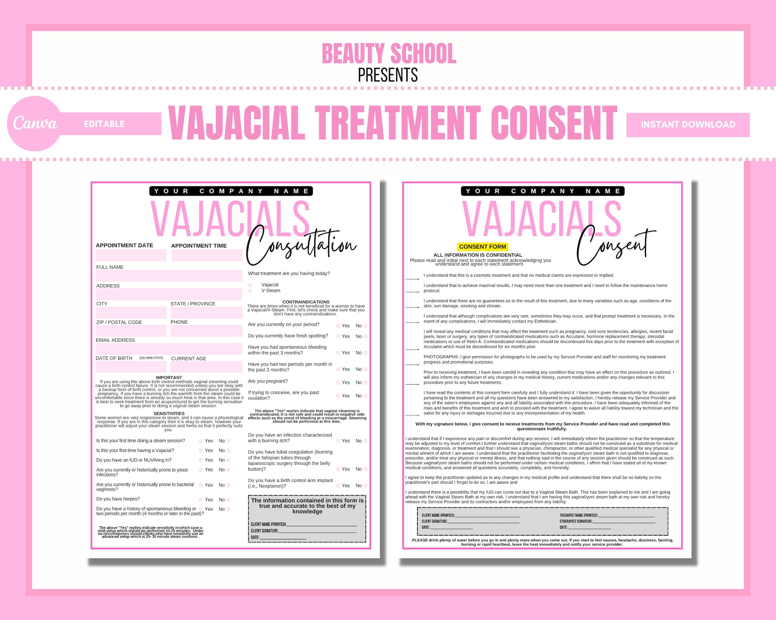Vajacials Consent Forms, Consultation, Instant Download, Add Your Logo, Editable in Canva - Etsy