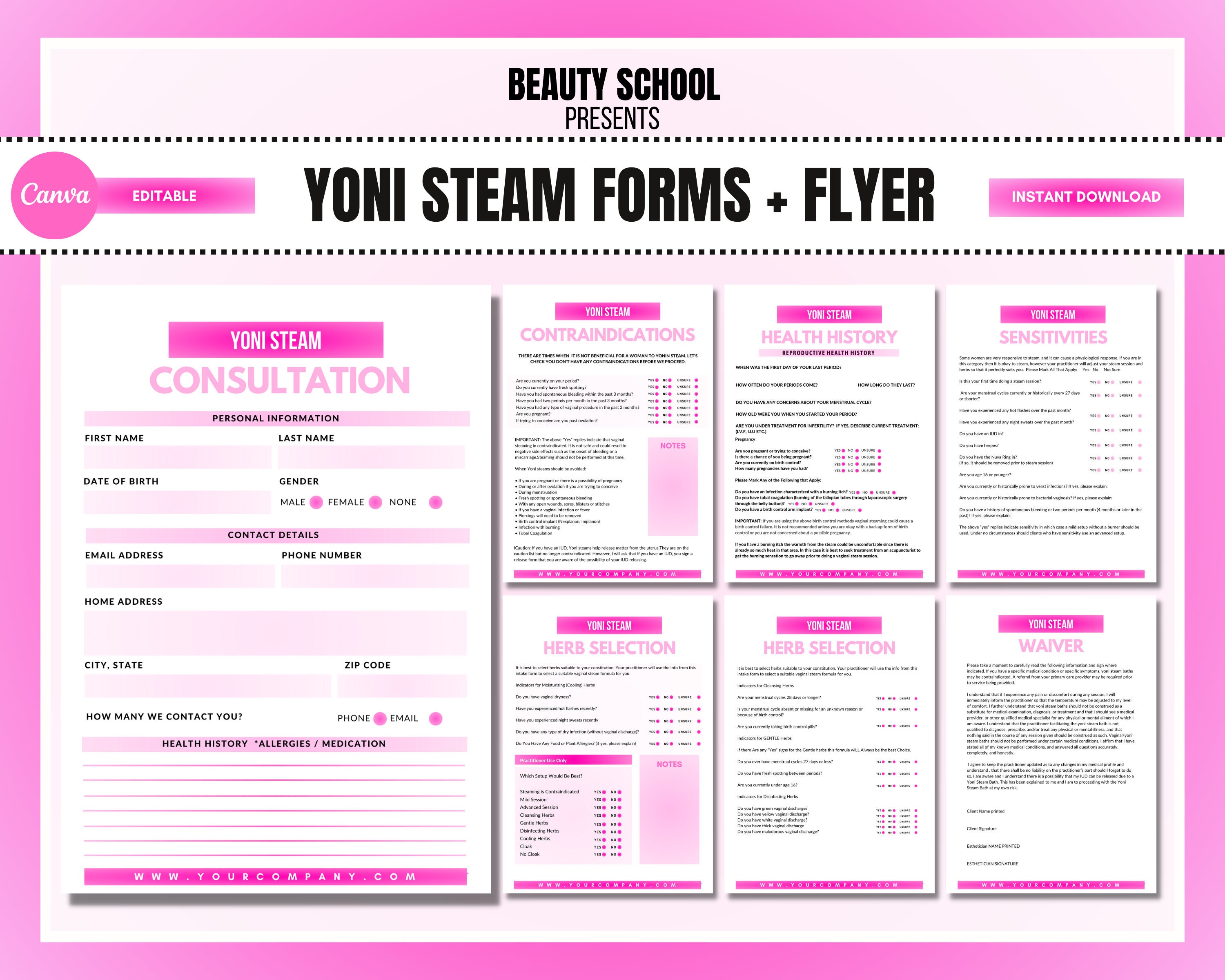 Yoni Steam Forms and Flyer, Editable Esthetician Printables (canva) - Etsy