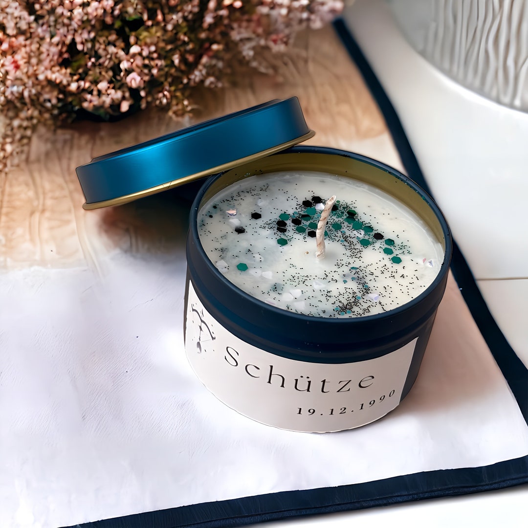 Zodiac Candle Sagittarius Personalized Scented Candle in Blue Tin Round ...