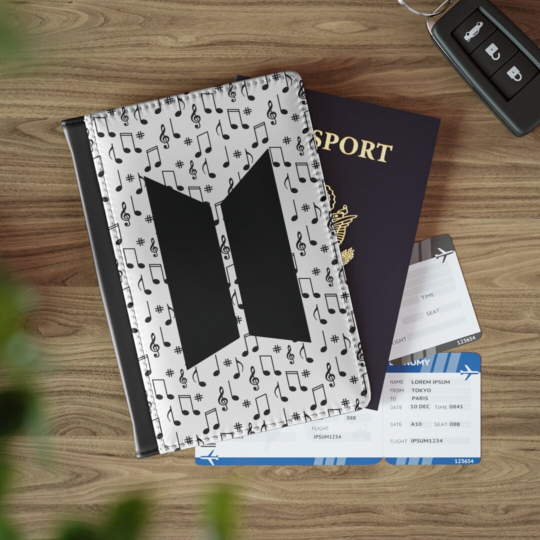 BTS Passport Cover - Black BTS Logo With Music Notes - Black and White ...