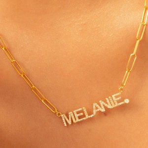 14K Gold Diamond Name Necklace, Personalized Pave Choker, Diamond Name ...