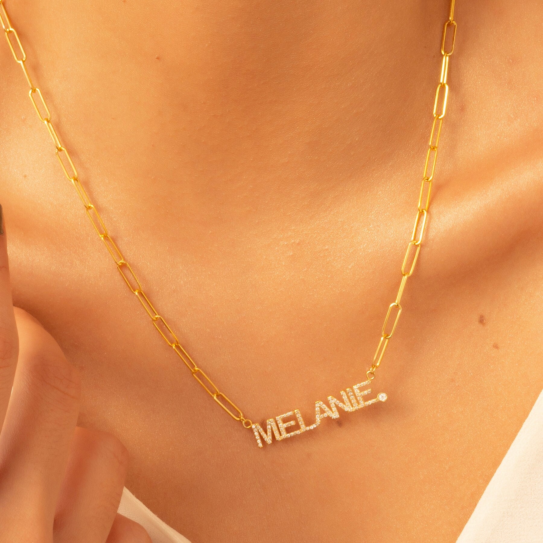 14k Gold Name Necklace Diamond Name Necklace Silver Pave Name
