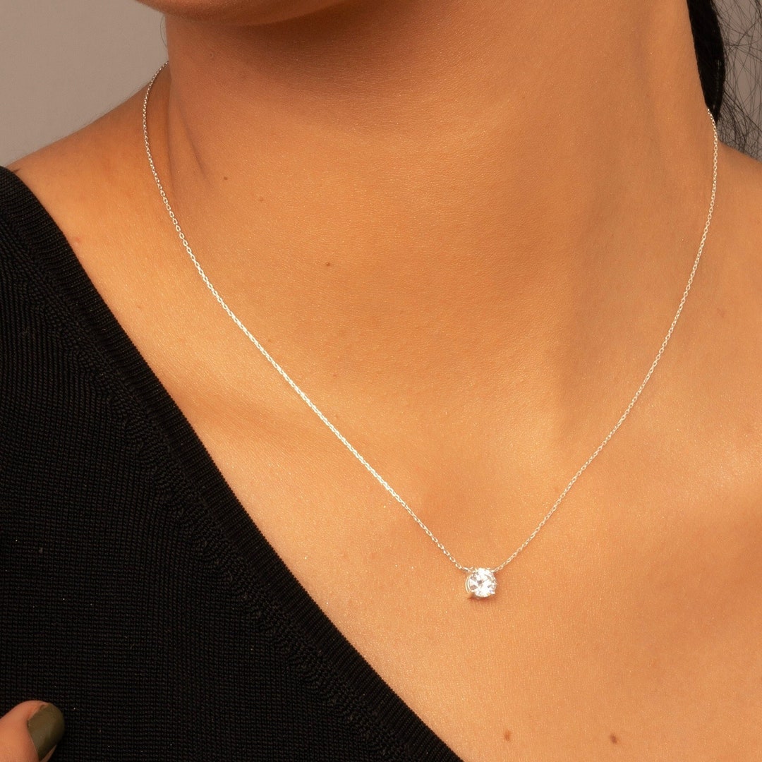 Dainty Solitaire Diamond Necklace, Sterling Silver, Floating Diamond - Etsy