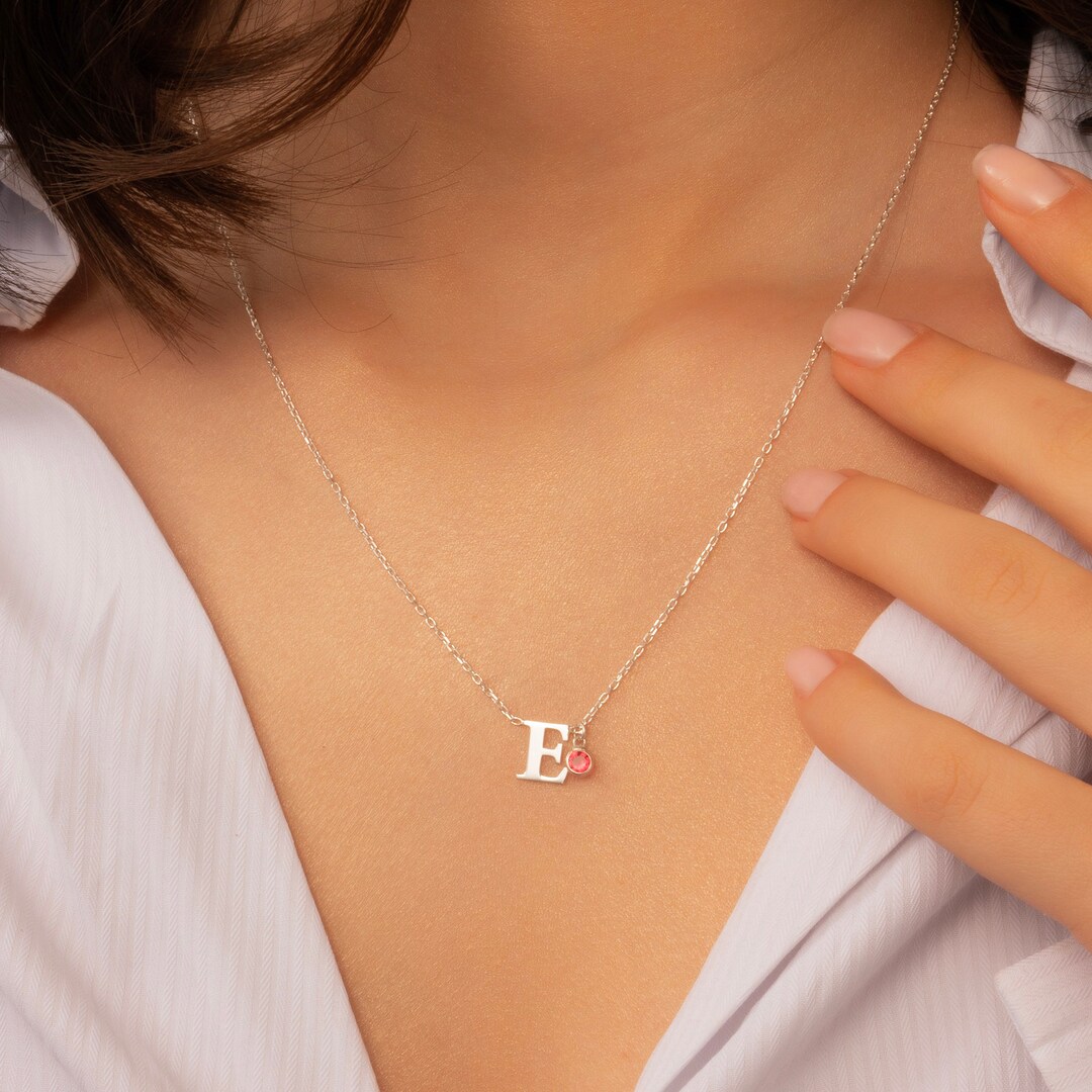 Dainty Birthstone Necklace, Silver Letter Birthstone Necklace, Necklace ...