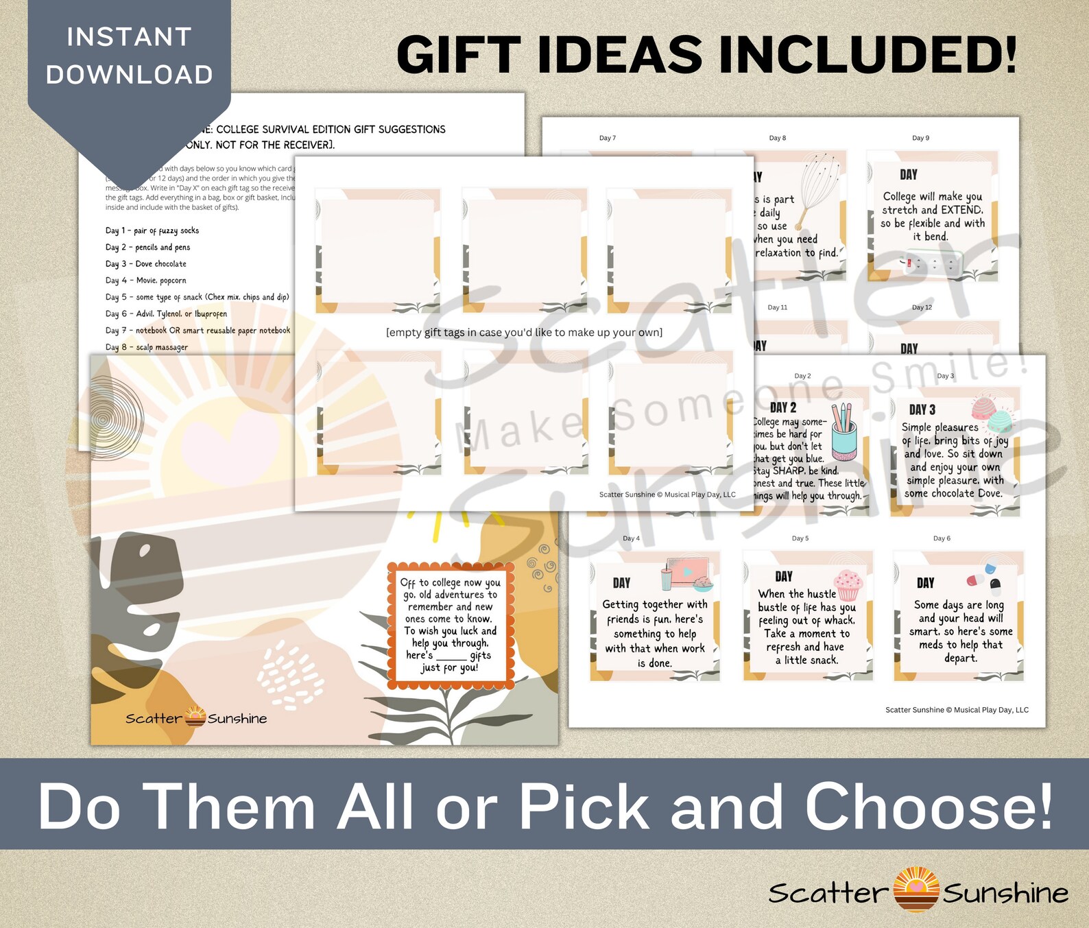 COLLEGE SURVIVAL 12 Days of Gift Tag Cards - College Care Package ...