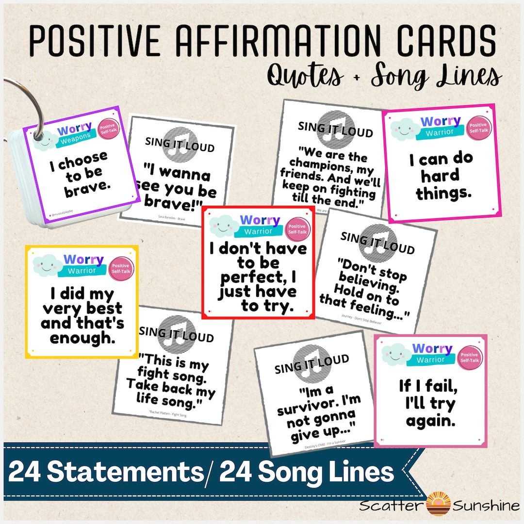 Positive Affirmation Quote and Song 1-liners CARDS - Mental Health ...