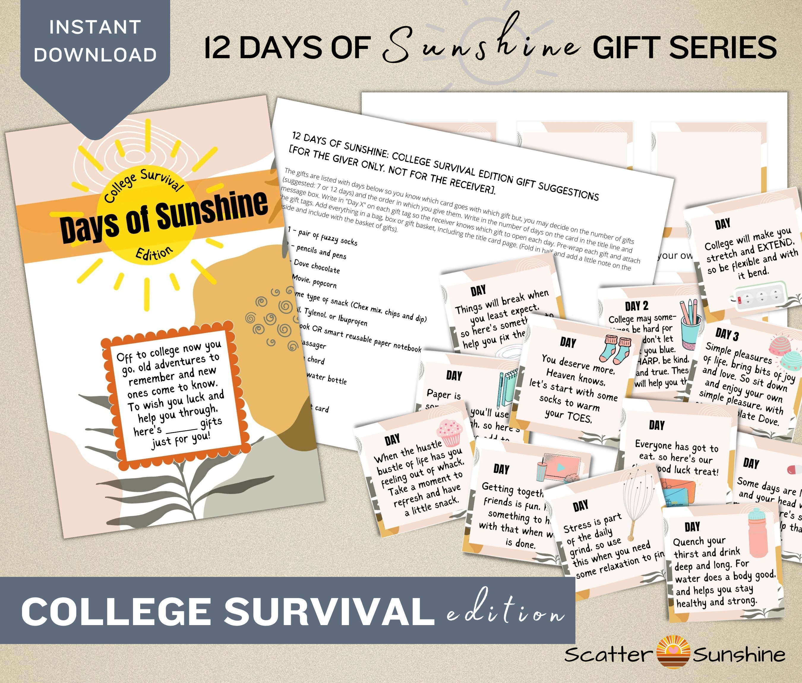 COLLEGE SURVIVAL 12 Days of Gift Tag Cards - College Care Package ...