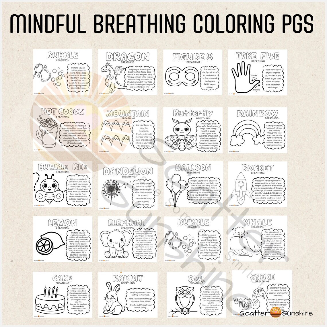 Breathing Mindfulness Coloring Pages - Coping Activity, Calming Corner ...